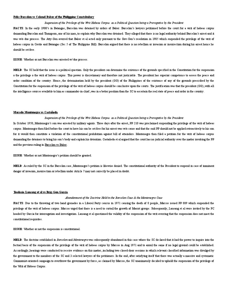 Case Digests Suspension of WoHC | PDF | Habeas Corpus | Writ