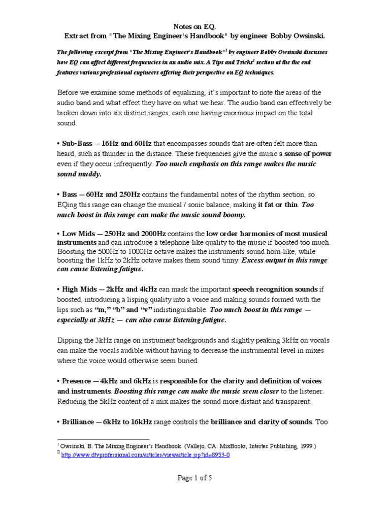 Notes On Eq | PDF | Equalization (Audio) | Drum Kit