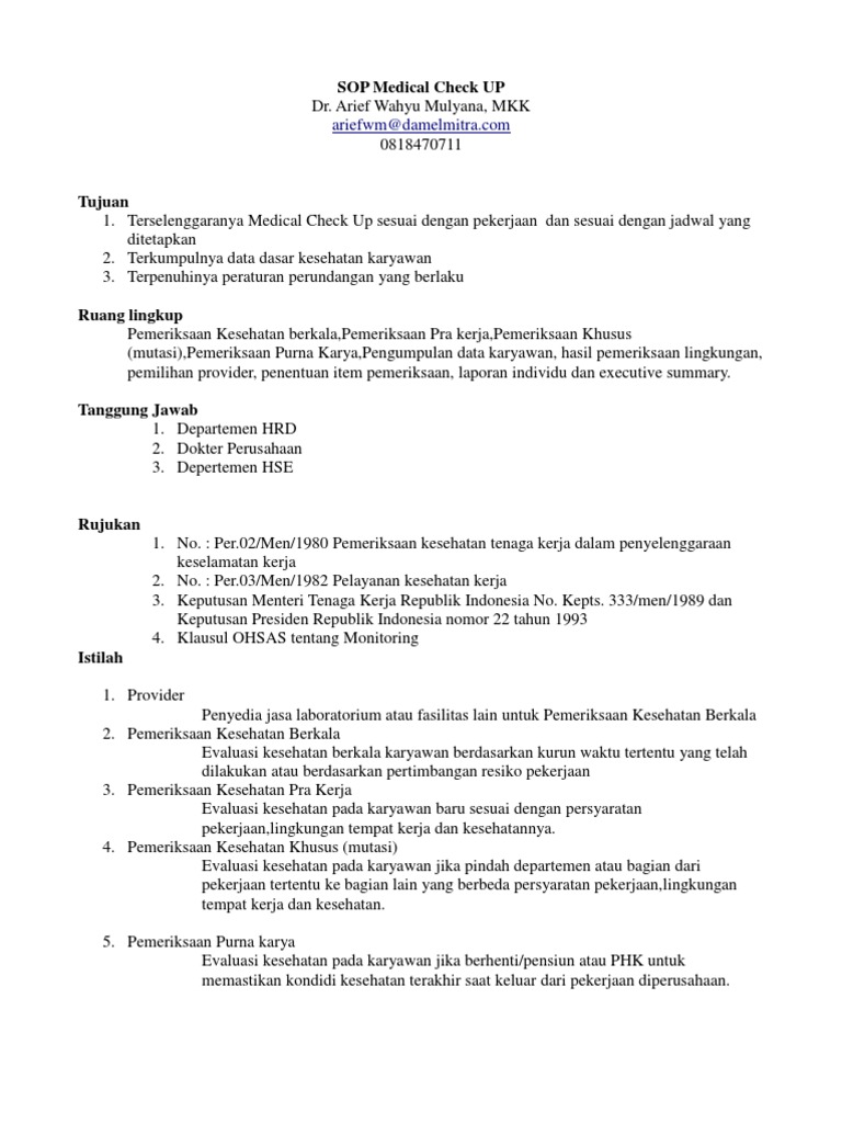 SOP Medical Check UP - Contoh | PDF