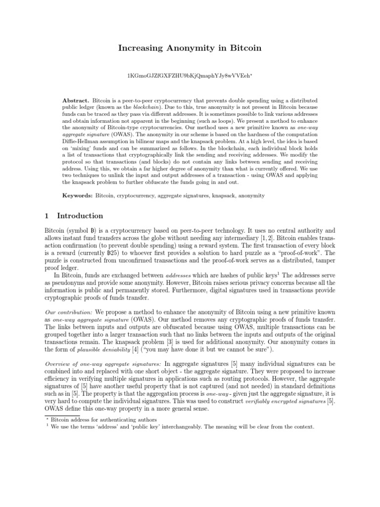 Increasing Anonymity in Bitcoin | PDF | Blockchain (Database) | Bitcoin