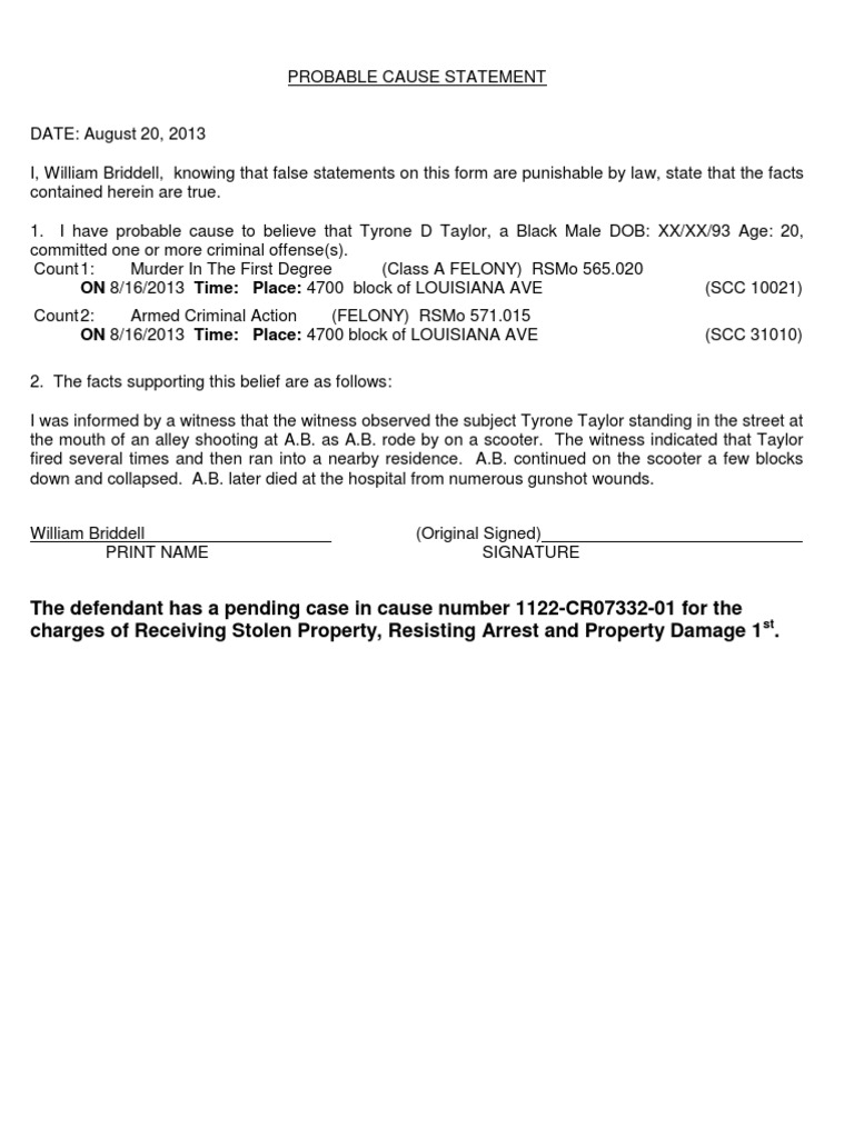Tyrone Taylor Probable Cause Statement | PDF
