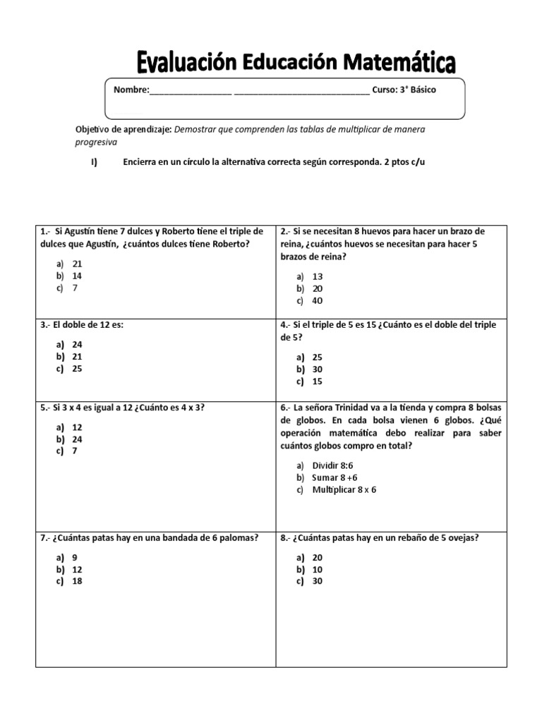 Ejercicios de Multiplicación para 3° Básico | PDF