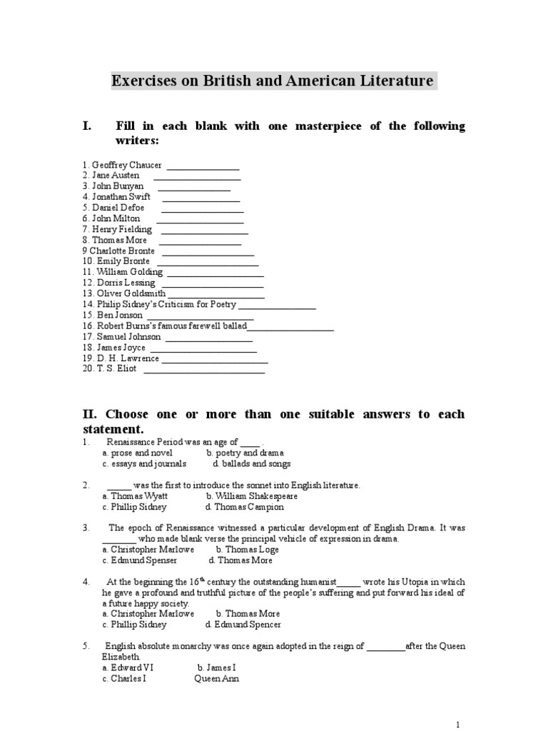 British and American Literature Exercises | PDF | English Literature ...