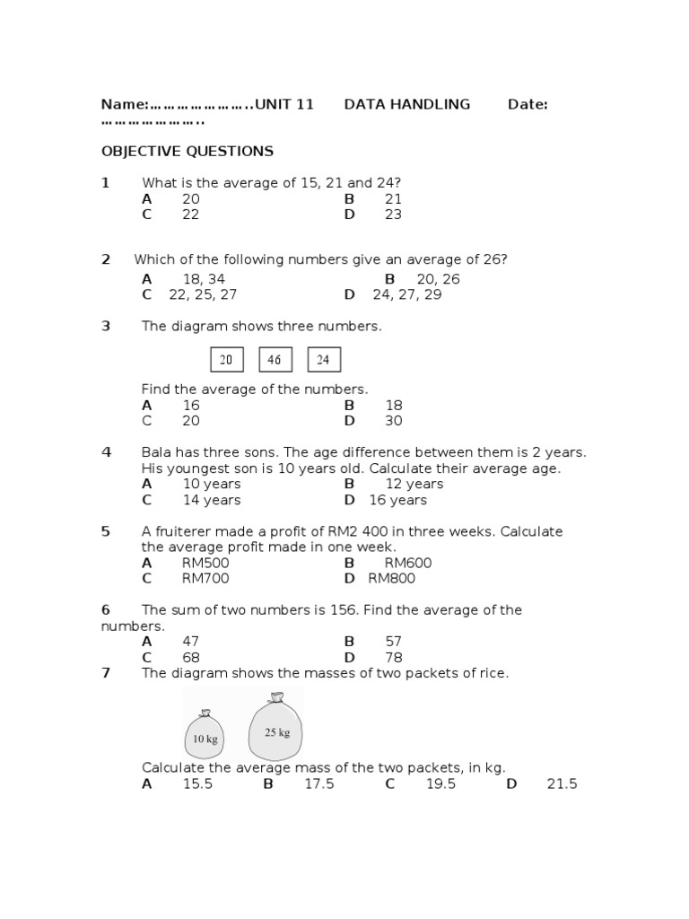 Average Calculations: Document with Objective and Subjective Questions ...