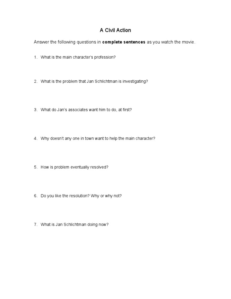 A Civil Action: Answer The Following Questions in Complete Sentences As ...