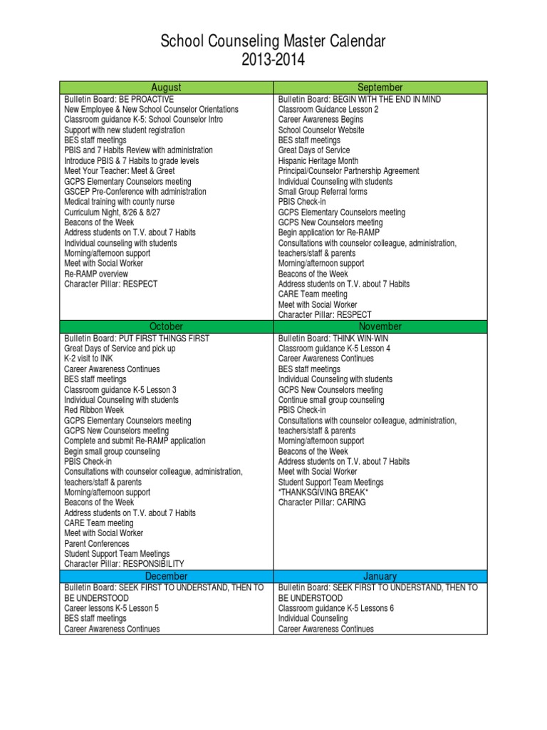 2013-2014 School Counseling Calendar | PDF | School Counselor | Pedagogy