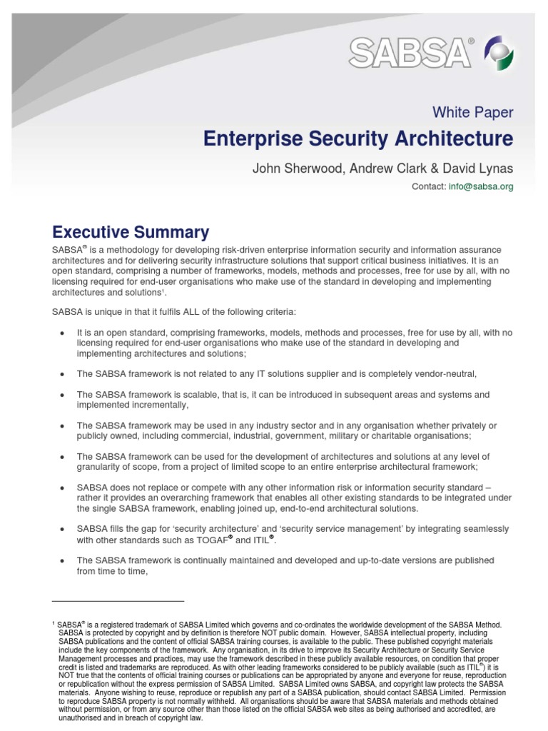 Enterprise Security Architecture - SABSA White Paper 2009 | PDF ...