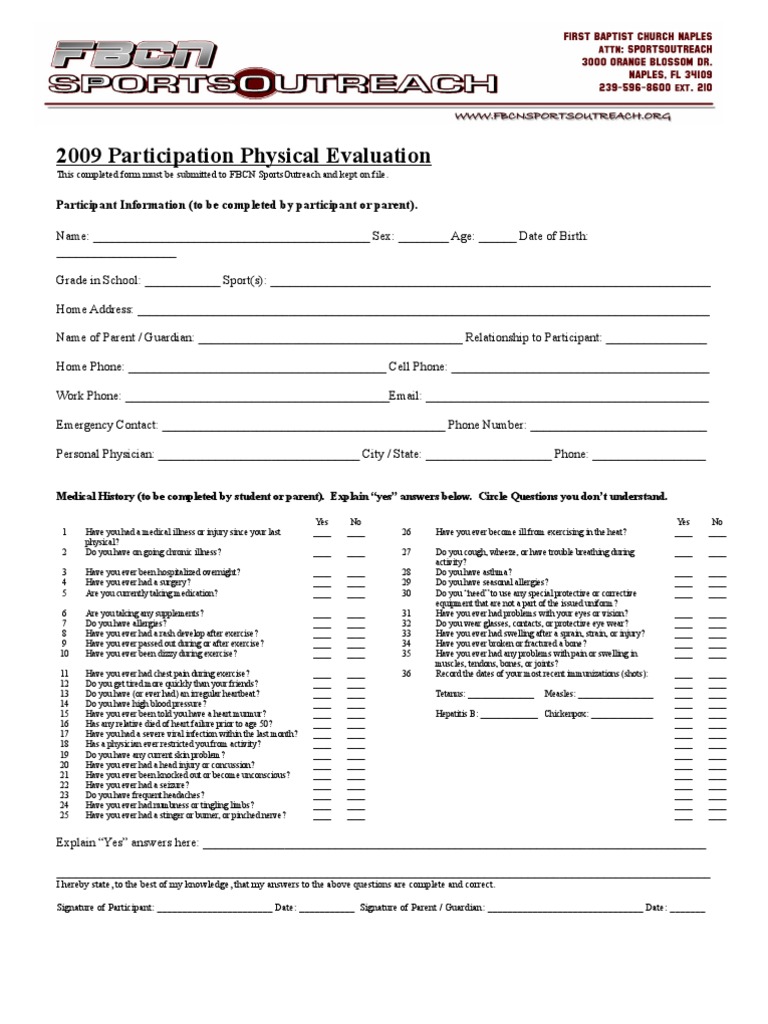 Tackle Football Participation Physical Evaluation | PDF