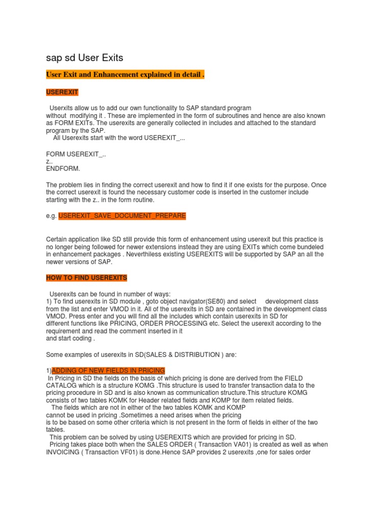 Sap Sd User Exits Pdf Subroutine Parameter Computer Programming 