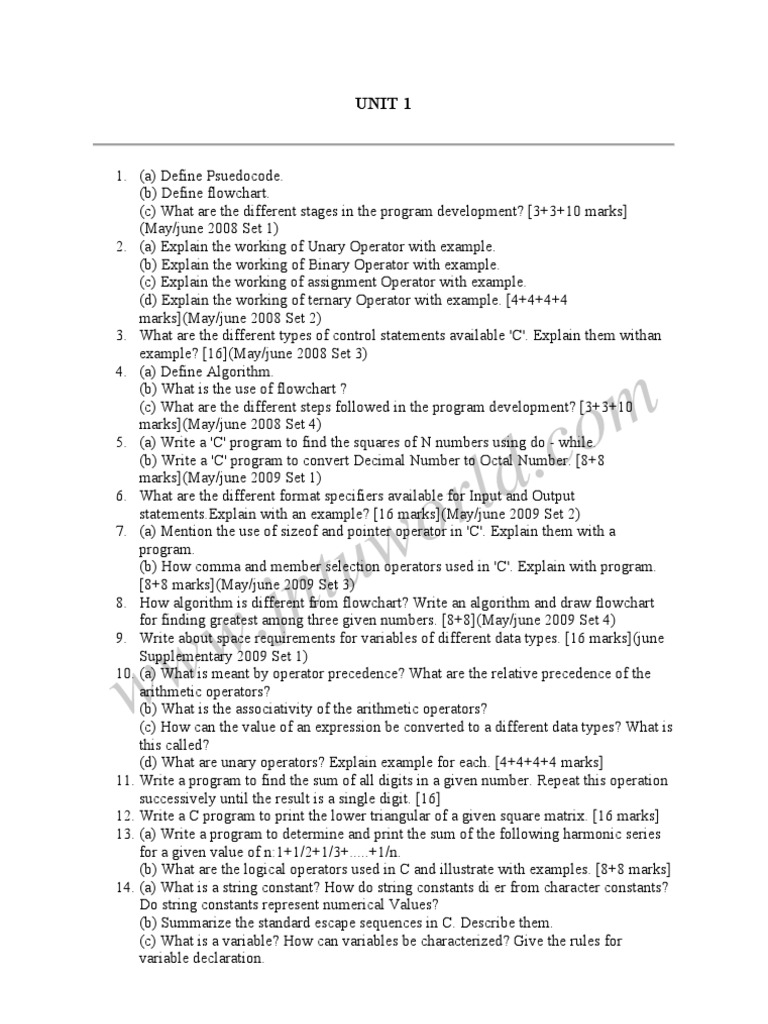 Important Questions in B.tech C - Program | PDF | C (Programming ...