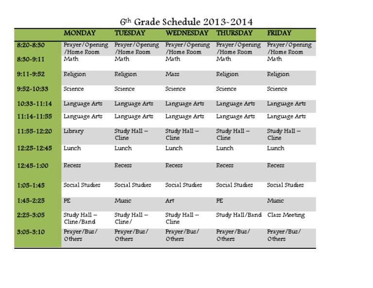 6th Grade Schedule 2013-2014 | PDF