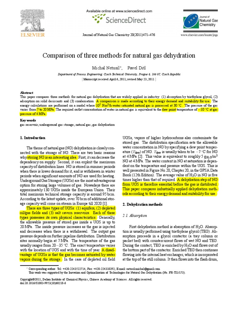 Comparison of Three Methods For Natural Gas Dehydration | PDF ...