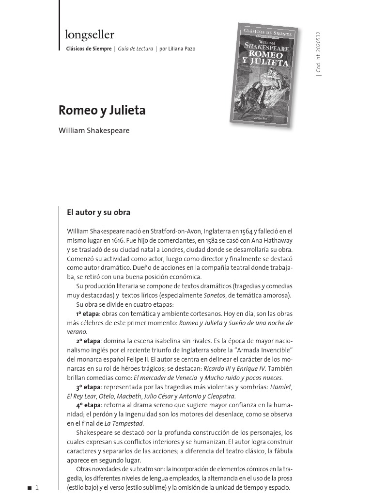 Romeo y Julieta (Guía de Lectura) | PDF | William Shakespeare | Romeo y Julieta