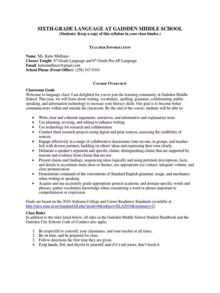 Sixth-Grade Syllabus - Mullinax | PDF | Homework | Semiotics