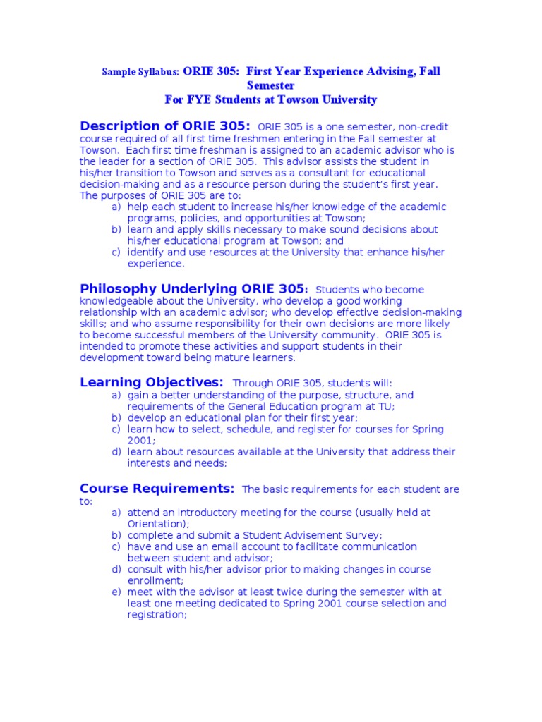 ORIE 305: First Year Experience Advising, Fall Semester For FYE Students at Towson University ...