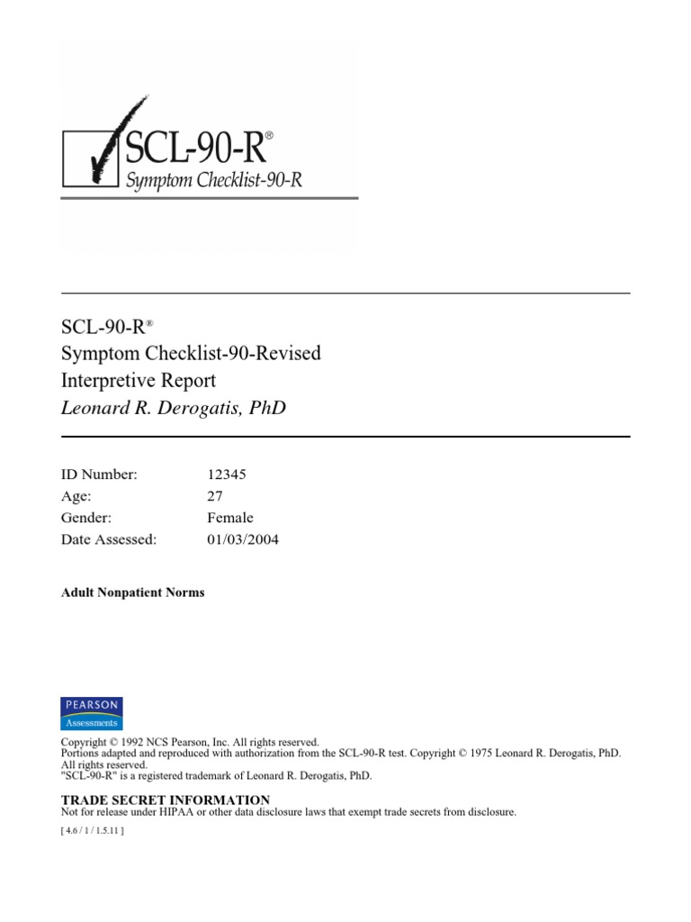 Scl-90-R Symptom Checklist-90-Revised Interpretive Report: Leonard R. Derogatis, PHD | PDF ...