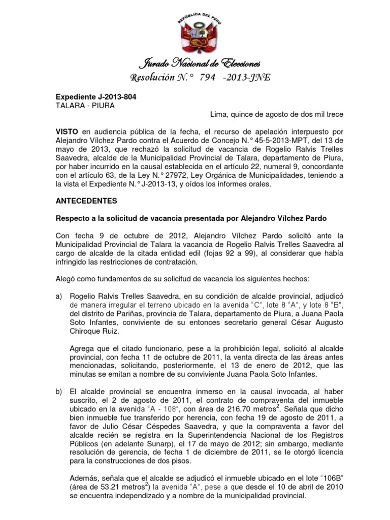 Resolución Que Vaca A Rogelio Trelles | PDF | Alcalde | Caso de ley