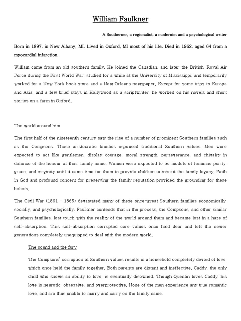 William Faulkner's Life and Works as a Southern Writer | PDF | William ...