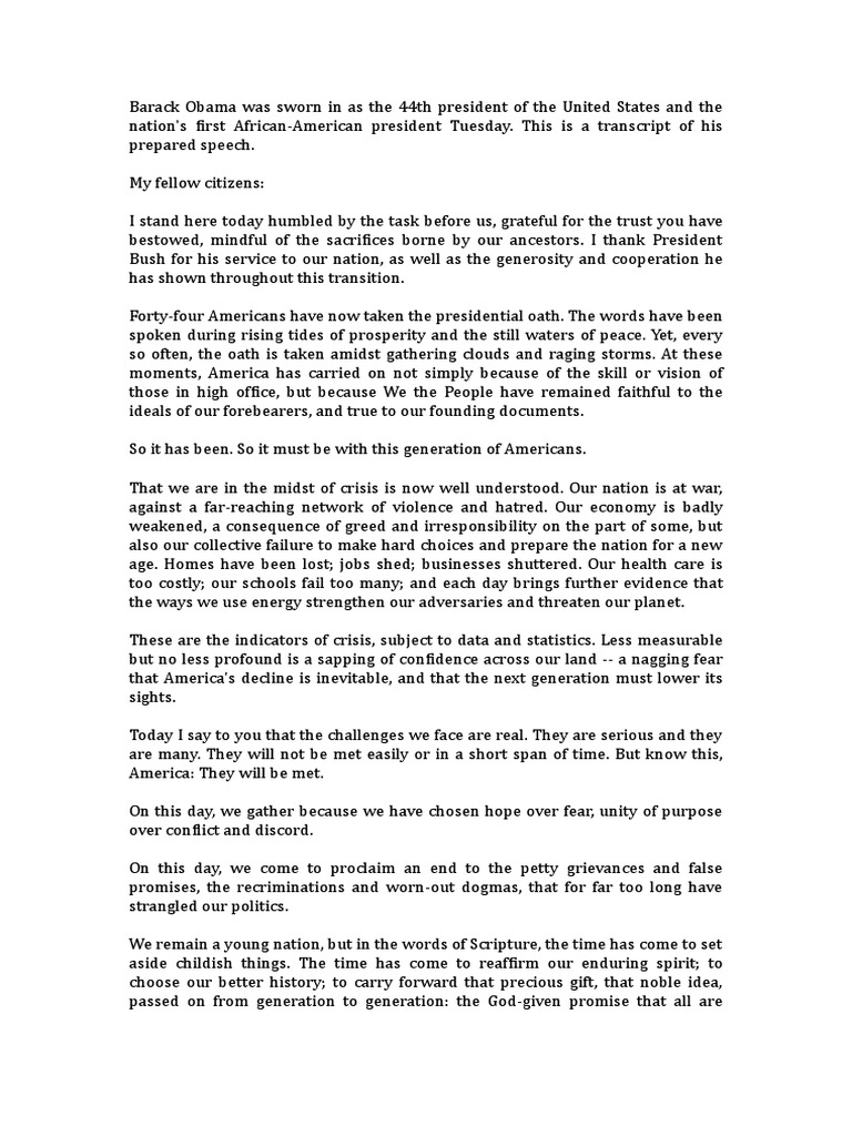 President Obama Inauguration Speech | PDF | Barack Obama | The United ...