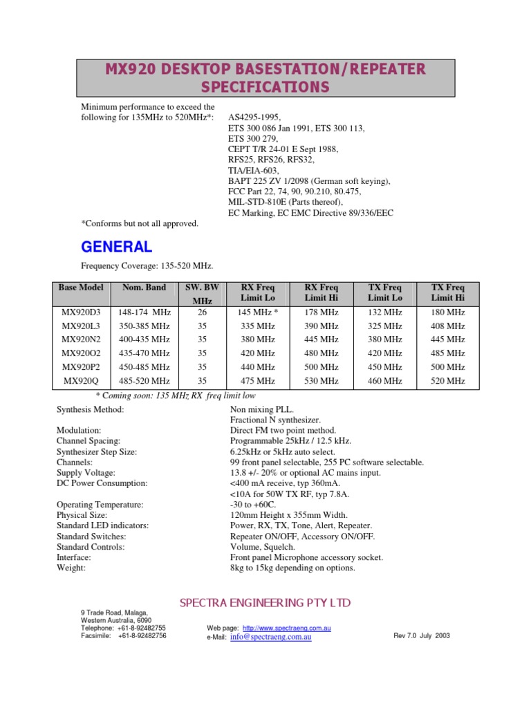 MX920 Base Station/Repeater Spec | PDF | Electromagnetic Interference ...