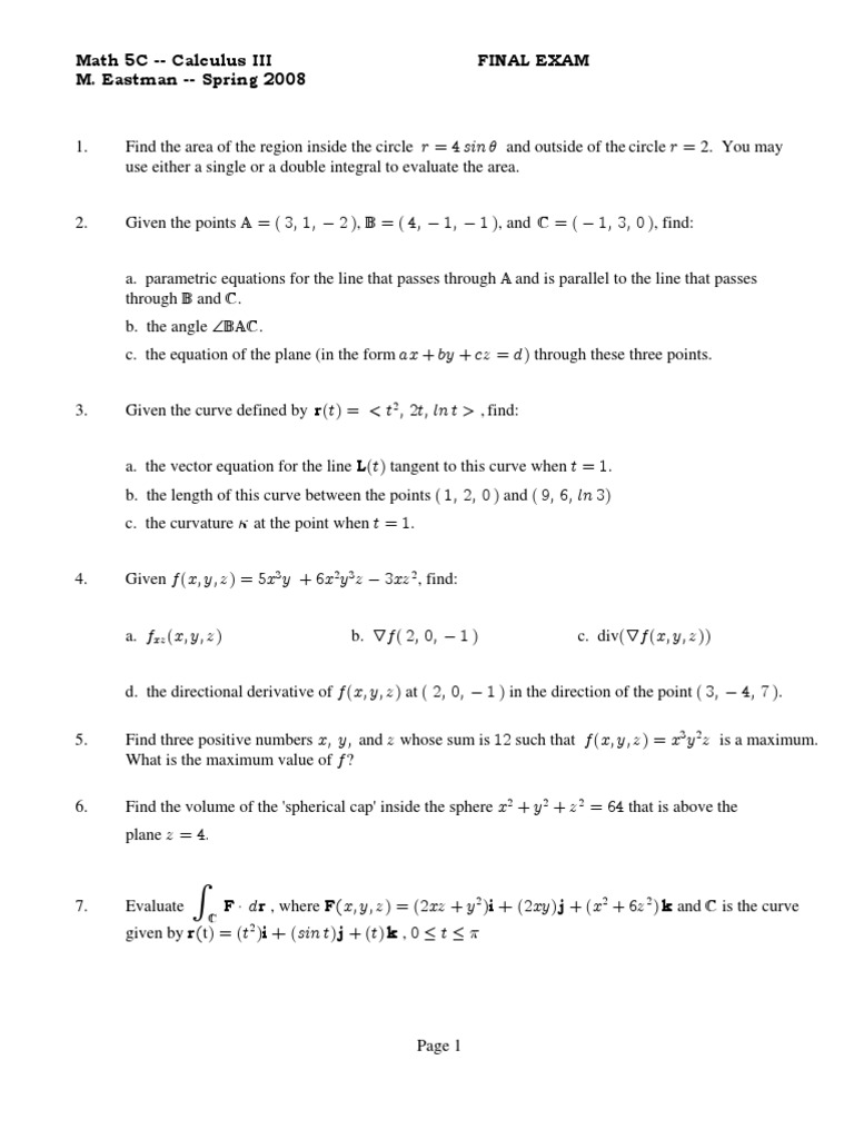 Calc 3 Final Exam - Eastman | Download Free PDF | Curvature | Integral