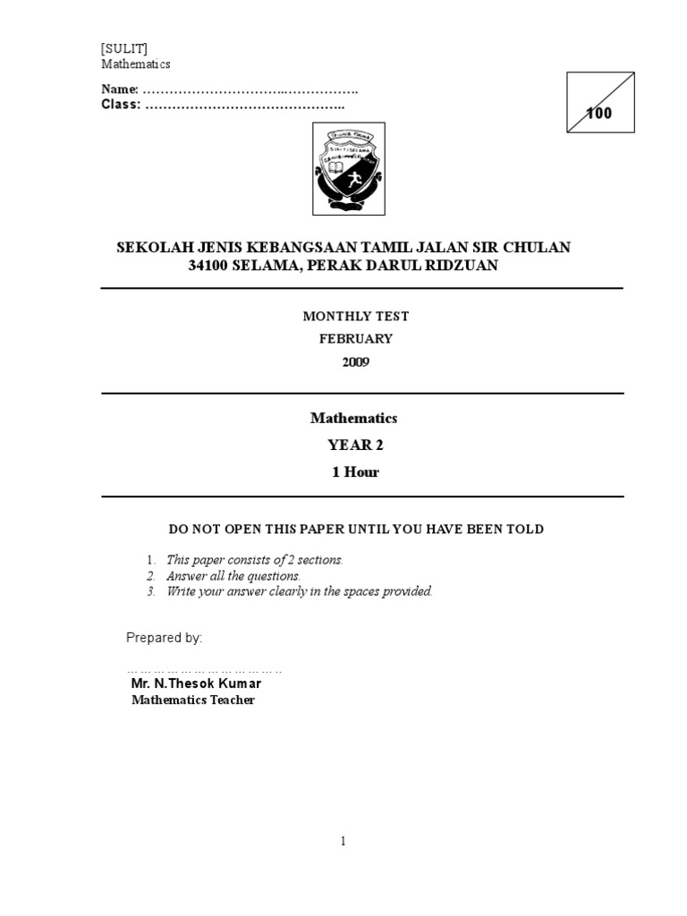 First Quarter Test Paper Mathematics Year 2 | PDF | Teaching Mathematics