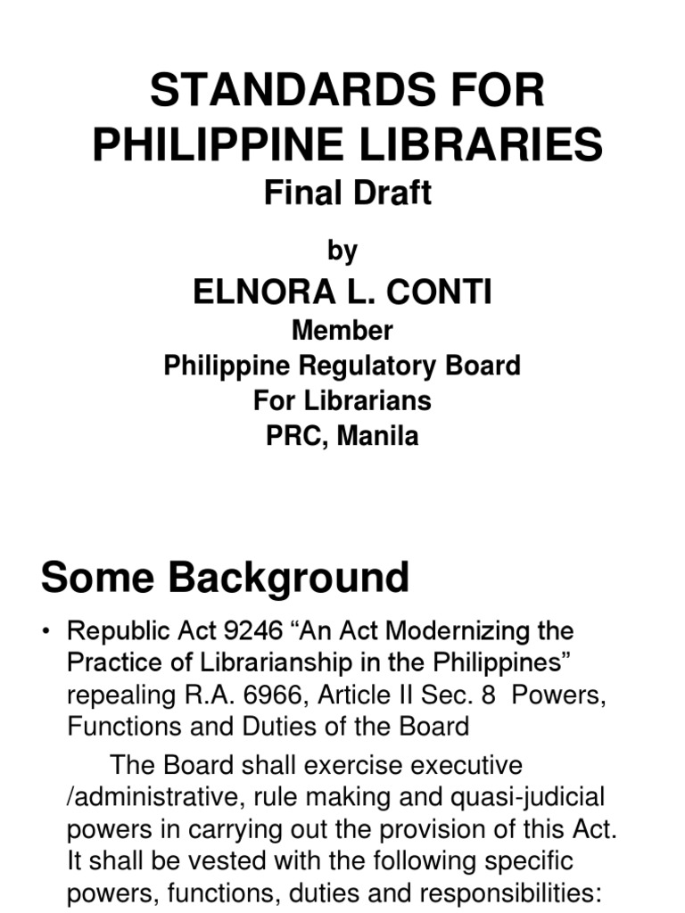 Philippine Library Standards Overview | PDF | Librarian | Libraries