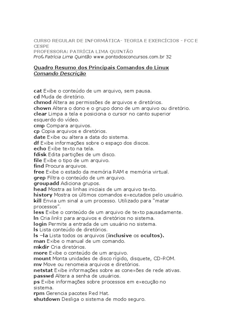 Quadro Resumo Dos Principais Comandos Do Linux | PDF | Linux ...