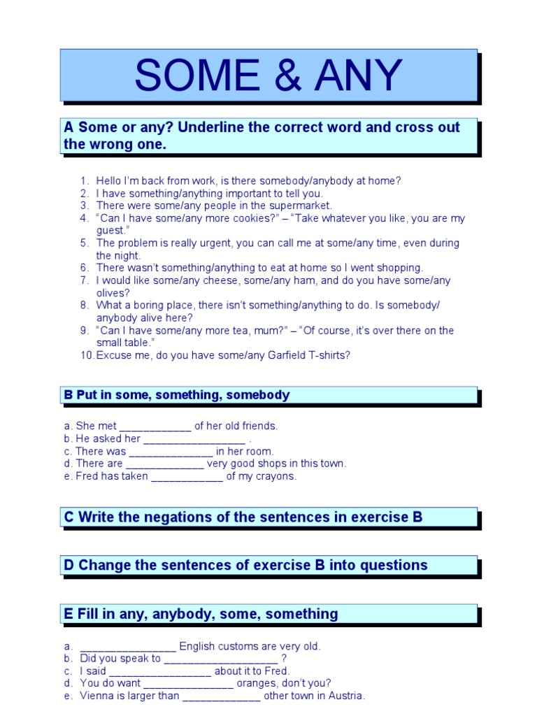 SOME ANY - Exercises 1168709052208746 | PDF