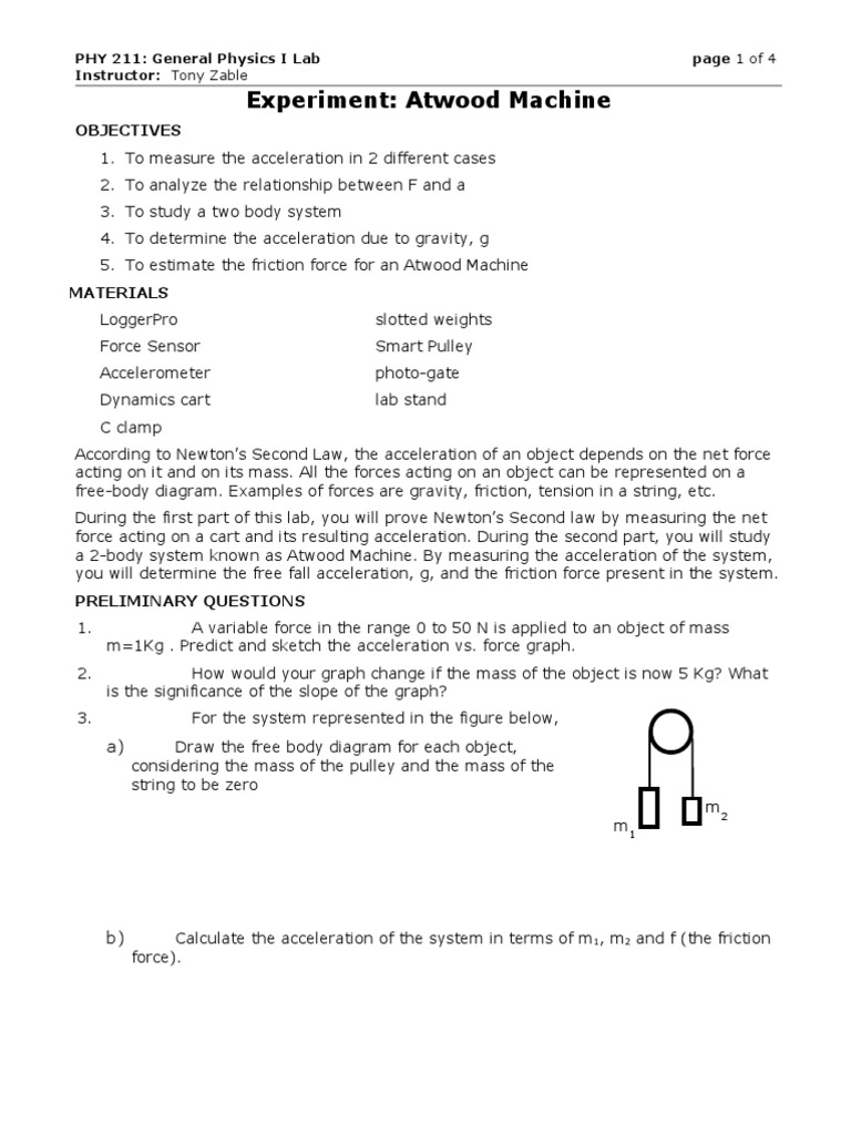 Experiment: Atwood Machine: Objectives | PDF | Acceleration | Force