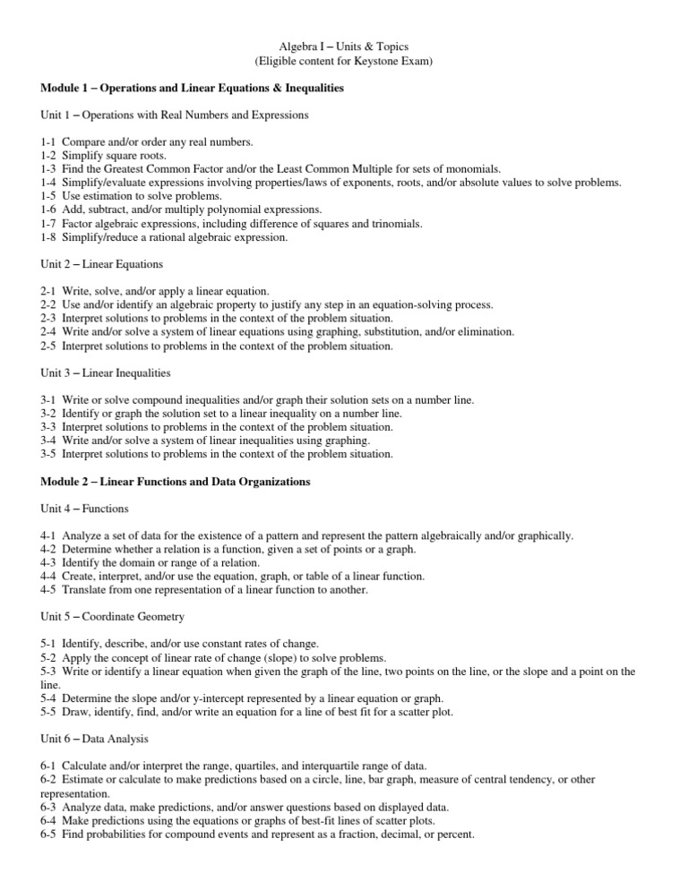 Keystone Algebra I Topics Overview | PDF | Inequality (Mathematics ...