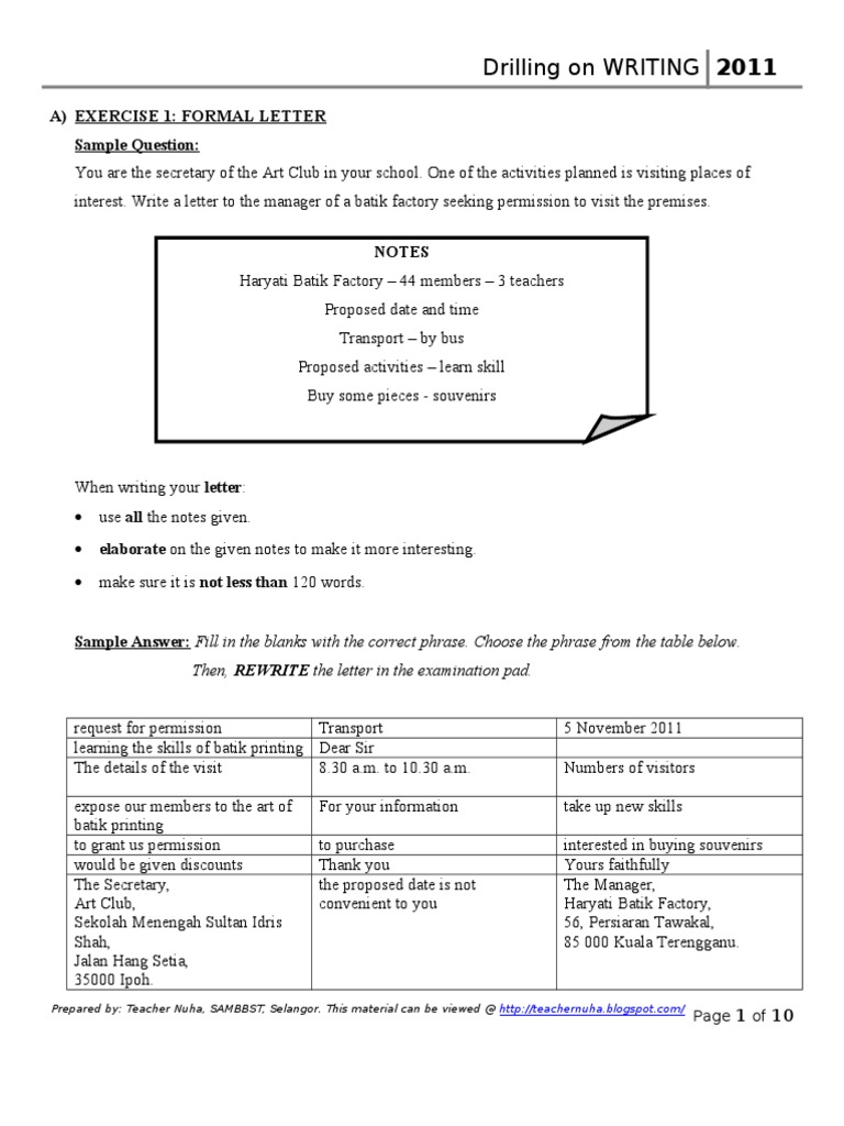 Drilling On WRITING 2011: A) Exercise 1: Formal Letter Sample Question ...