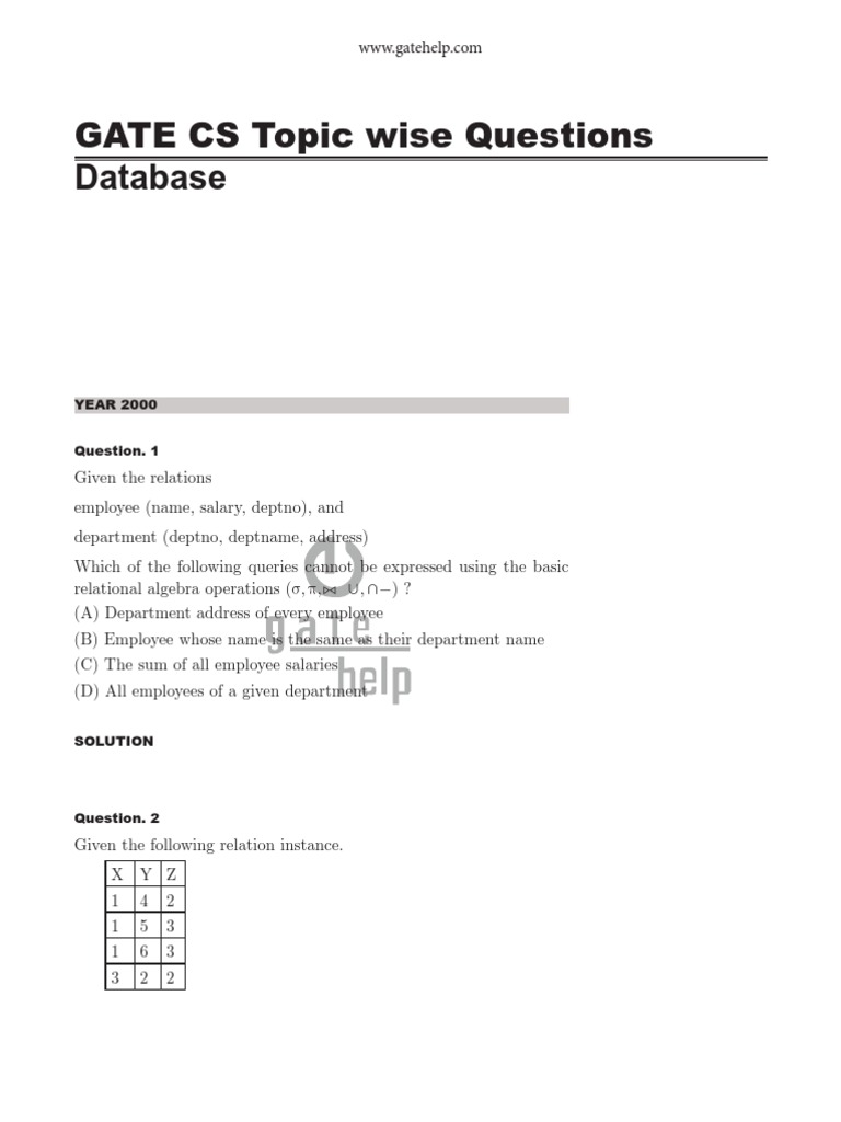 Database: GATE CS Topic Wise Questions | PDF | Relational Model | Database Index