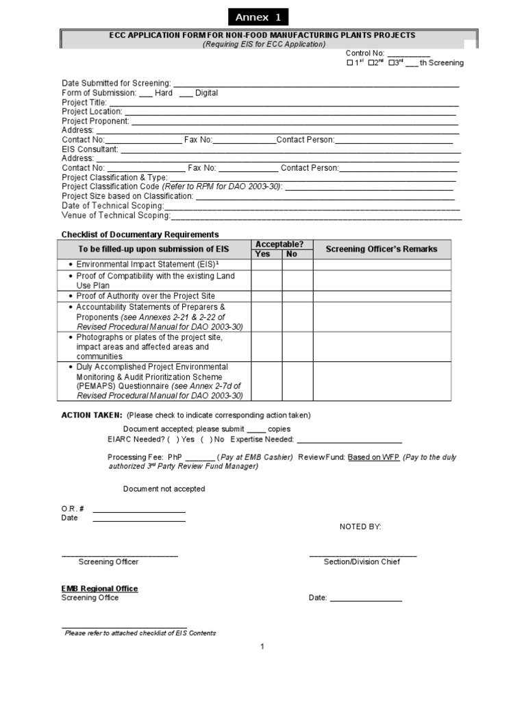 Non Food Manufacturing Initial Environmental Examination Checklist ...