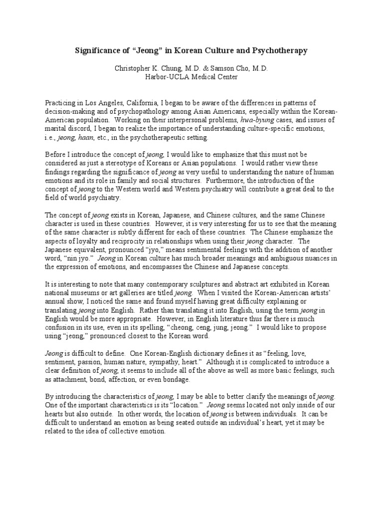 Significance of "Jeong" in Korean Culture and Psychotherapy | PDF ...