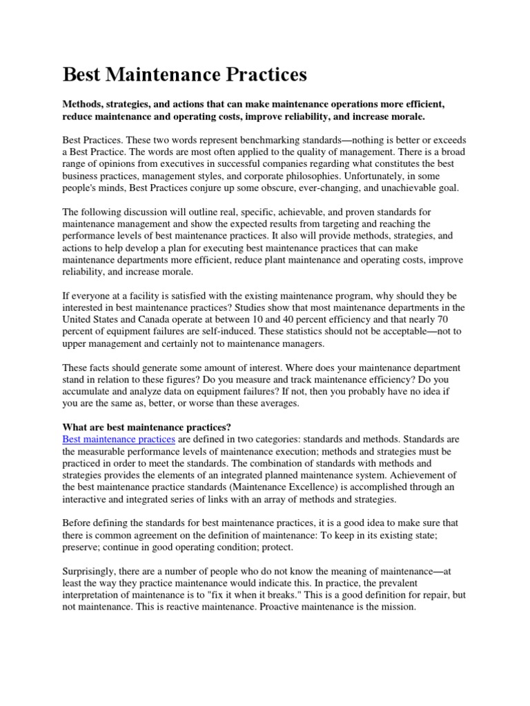 Best Maintenance Practices | PDF | Reliability Engineering | Inventory