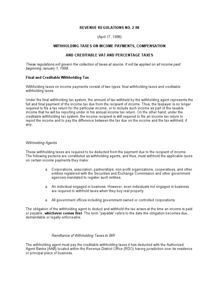 RR 2-98 | PDF | Withholding Tax | Employee Benefits