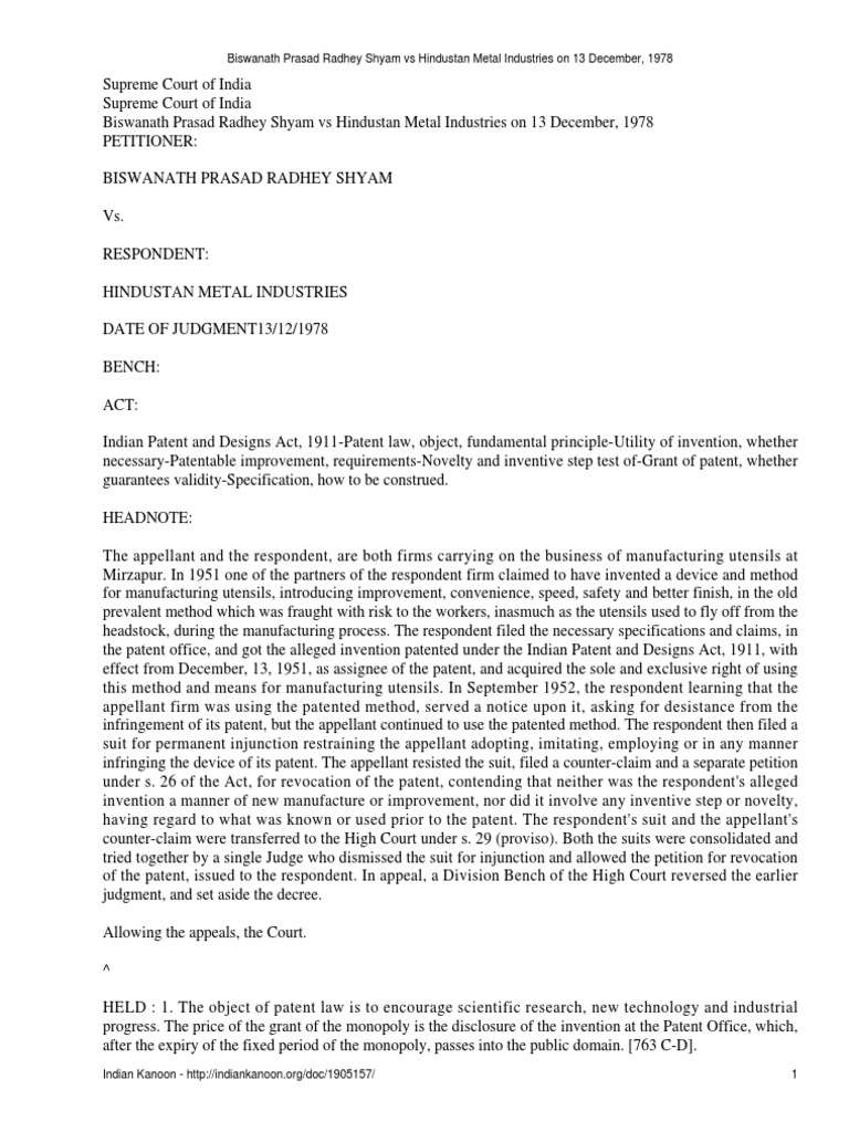 Biswanath Prasad Radhey Shyam Vs Hindustan Metal Industries On 13 December, 1978 | PDF | Patent ...