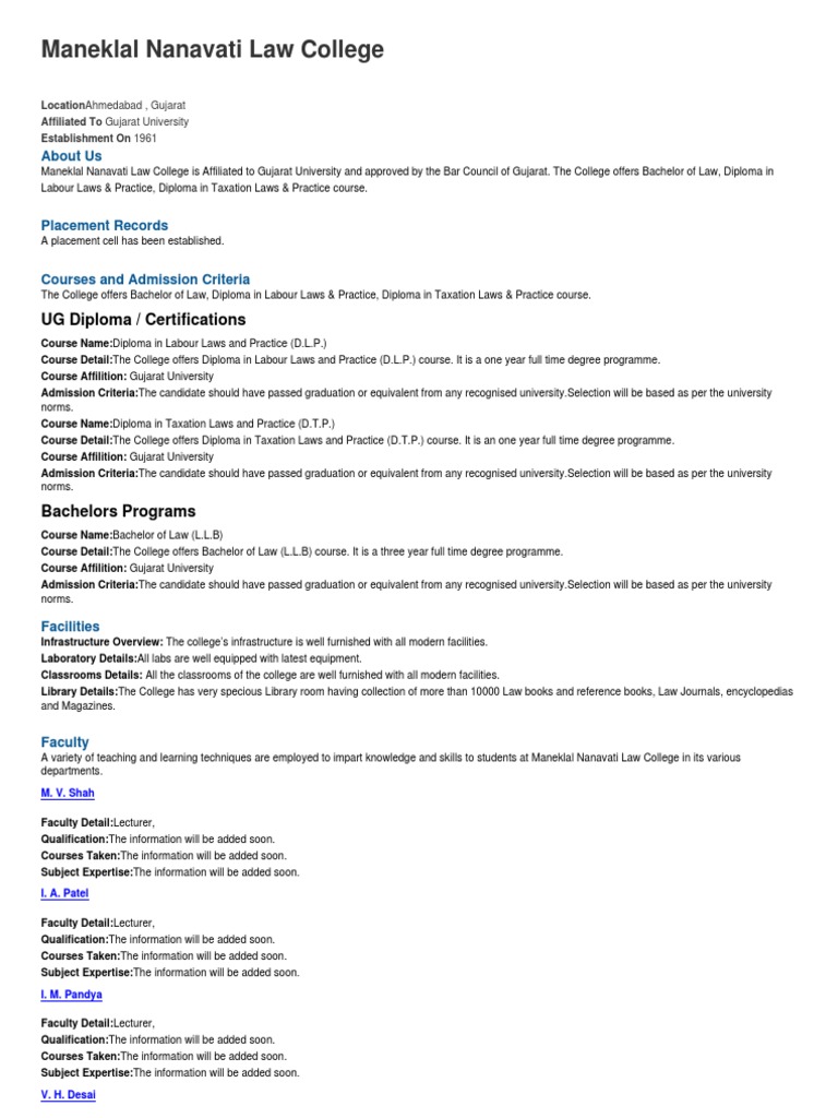 Maneklal Nanavati Law College | PDF | Legal Education | Diploma