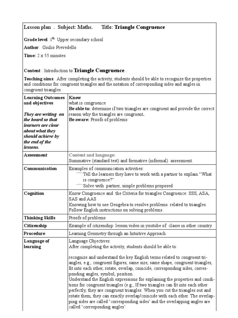 Triangle Congruence Lesson Plan | PDF | Triangle | Elementary Mathematics