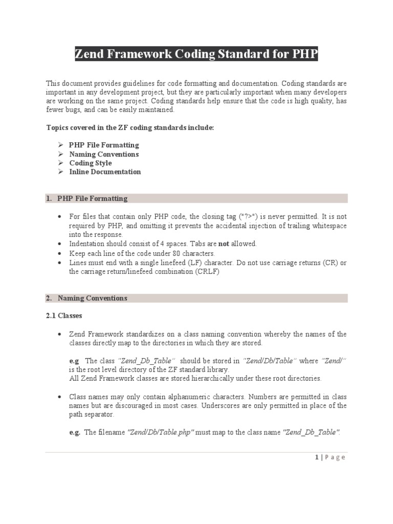 Zend Framework Coding Standard For Php Pdf Php Bracket