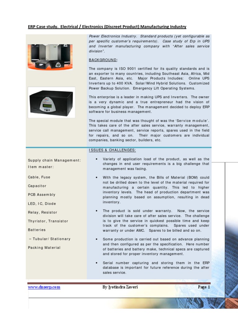 ERP Case Study. Electrical, Electronics Manufacturing Industry. | PDF ...
