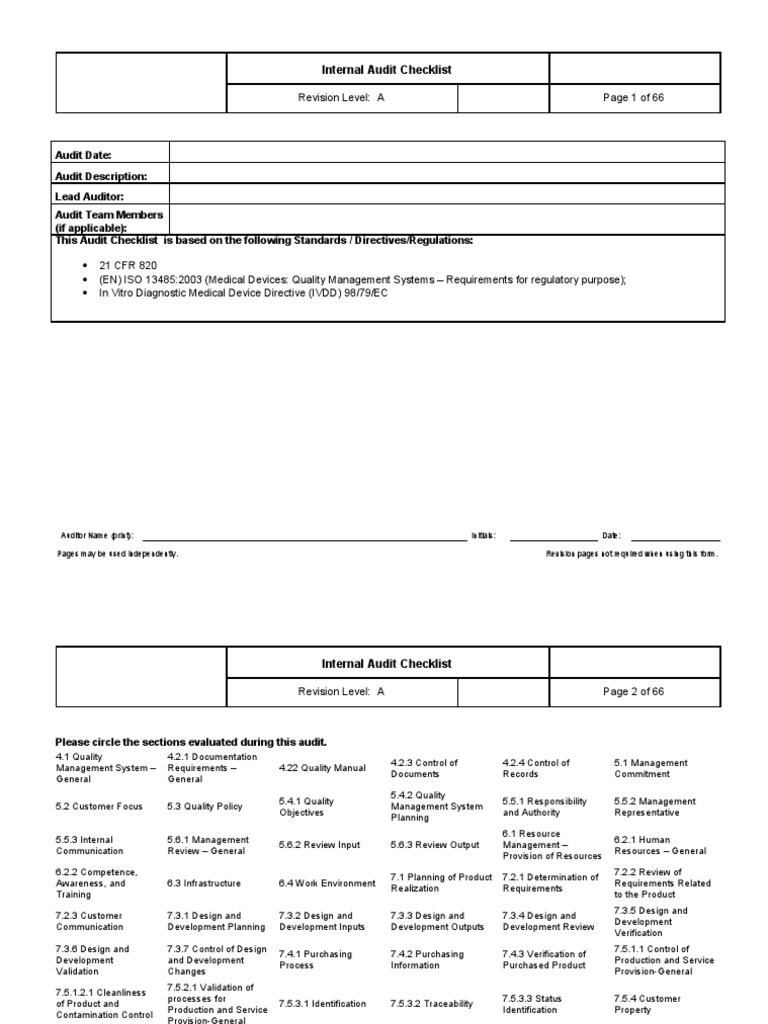 Audit Checklist 9001 13485 21 CFR 820 | PDF | Quality Management System ...