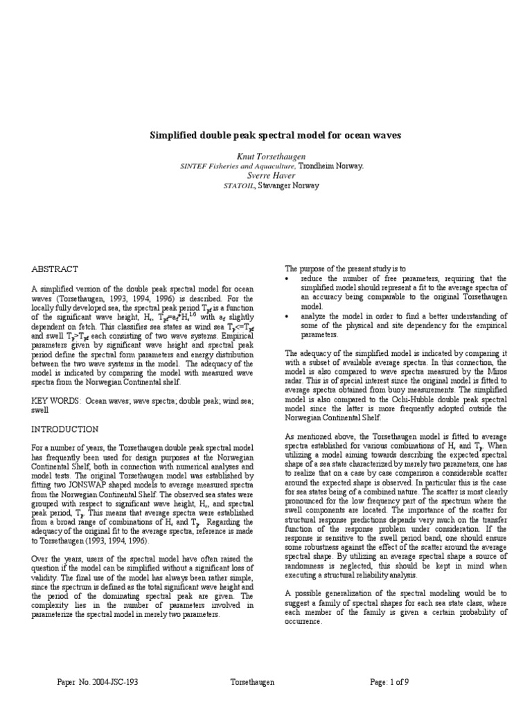 Torsethaugen - Haver - 2004 - Simplified Double Peak Spectral Model | PDF | Spectral Density | Waves