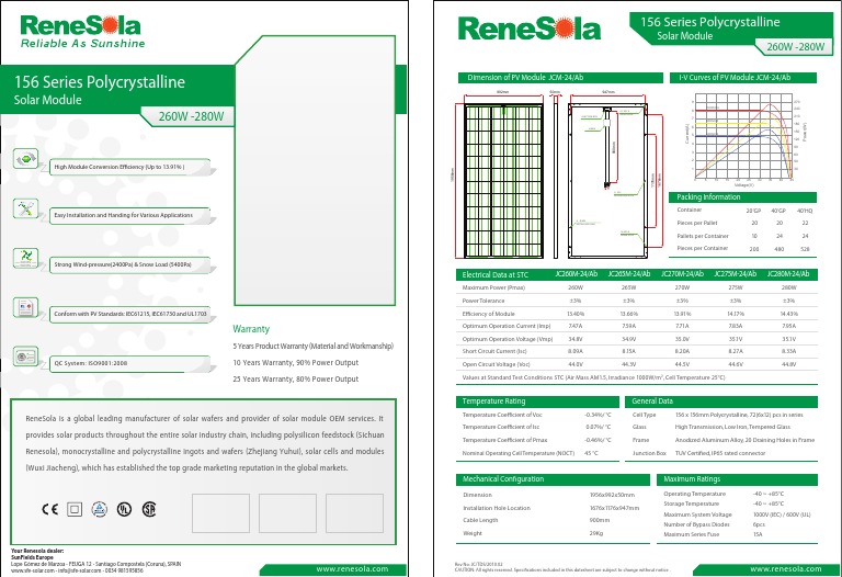 Renesola JC260 JC280 Poly | PDF | Solar Panel | Manufactured Goods