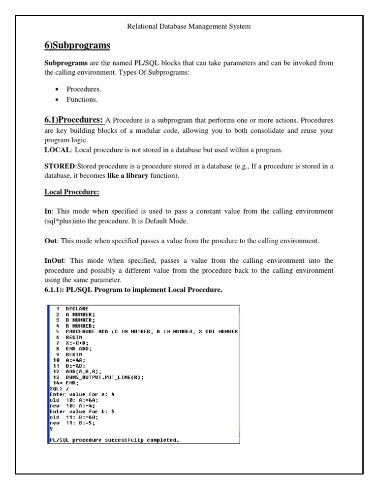 6) Subprograms: 6.1) Procedures | PDF | Pl/Sql | Subroutine