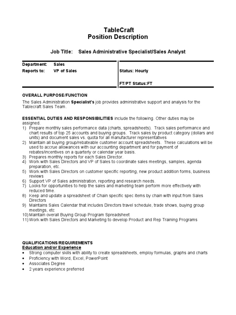 Sales Admin Specialist Job Description PDF Sales Spreadsheet