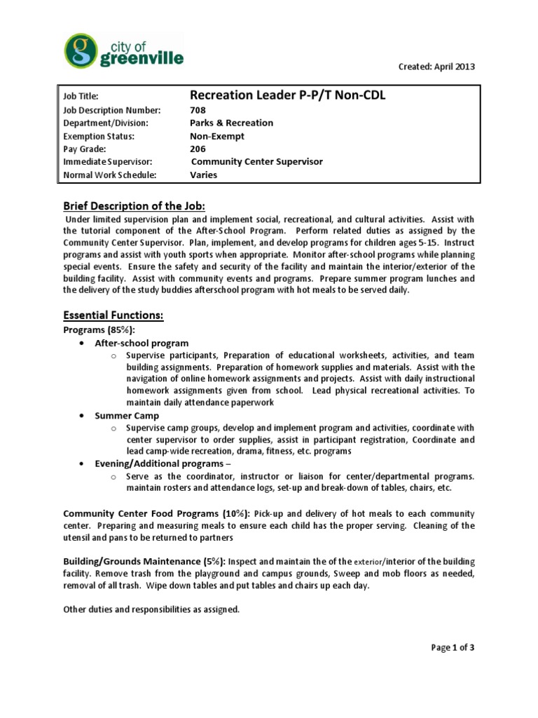 Recreation Leader | PDF | Homework | Employment