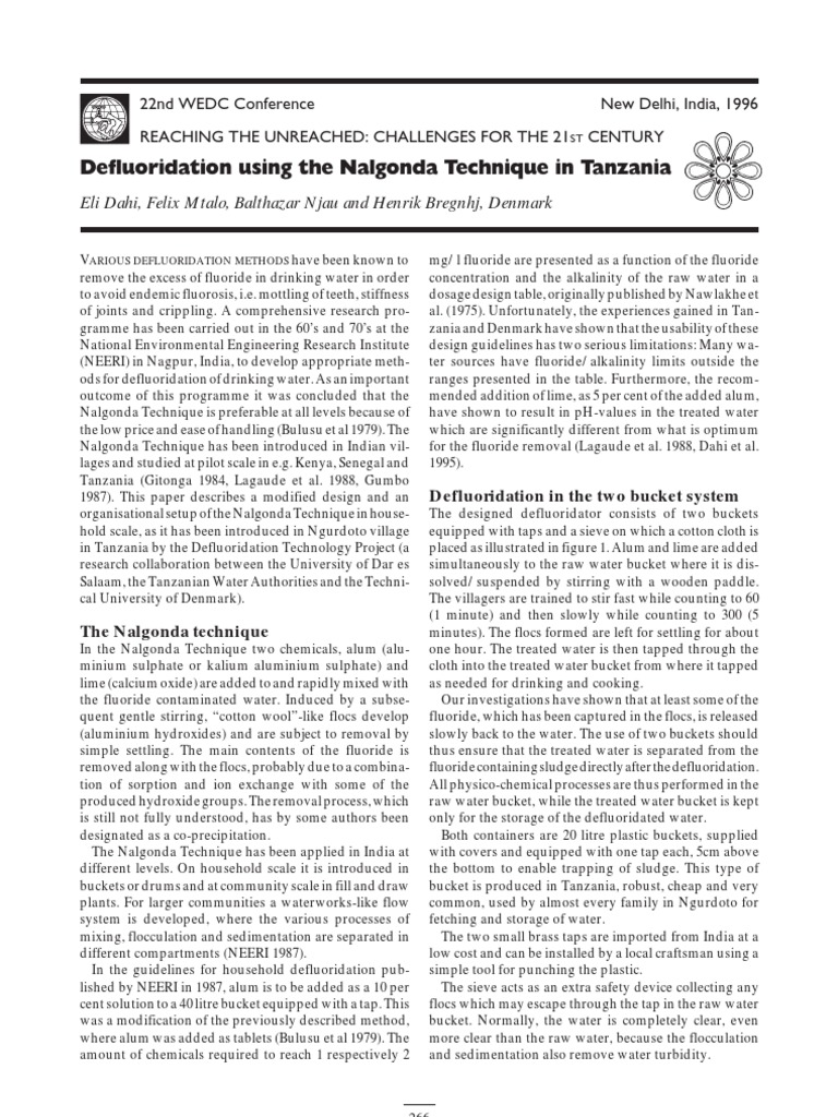 Defluoridation Using The Nalgonda Technique in Tanzania - Dahi 1996 ...