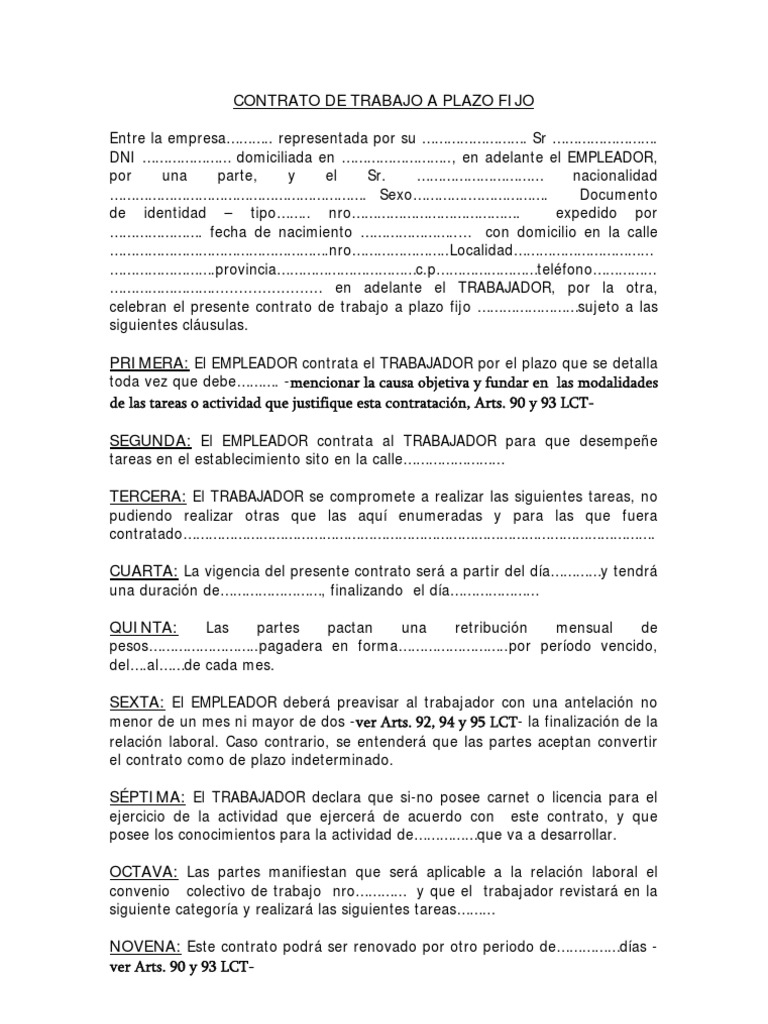 Contrato de Trabajo a Plazo Fijo 22 | Derecho laboral | Información del ...